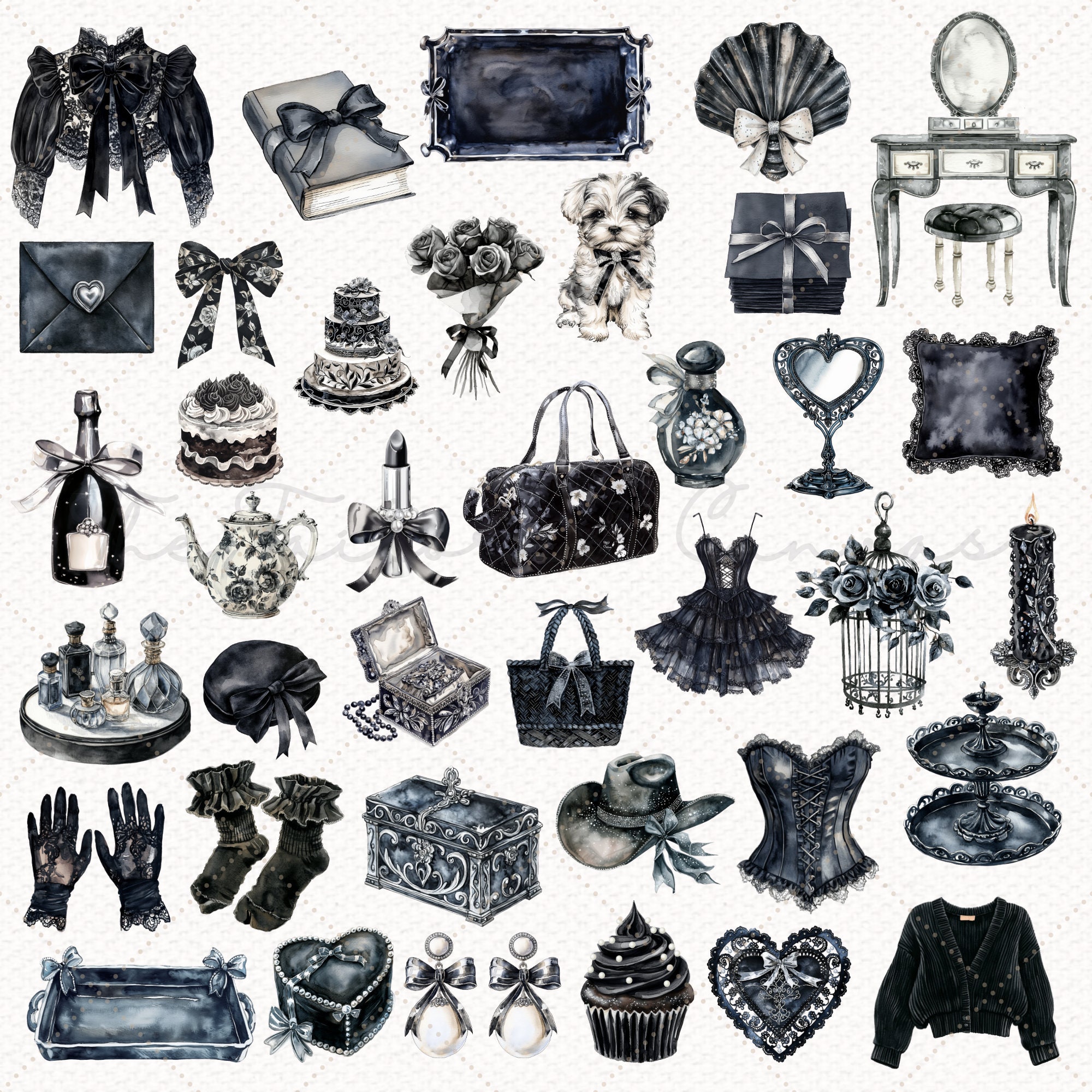 Watercolor Dark Coquette Clipart Bundle – 90 Black PNG Illustrations ...