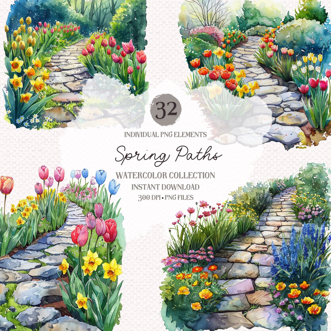 Watercolor Spring Paths Clipart: 32 PNG Garden Designs (digital ...