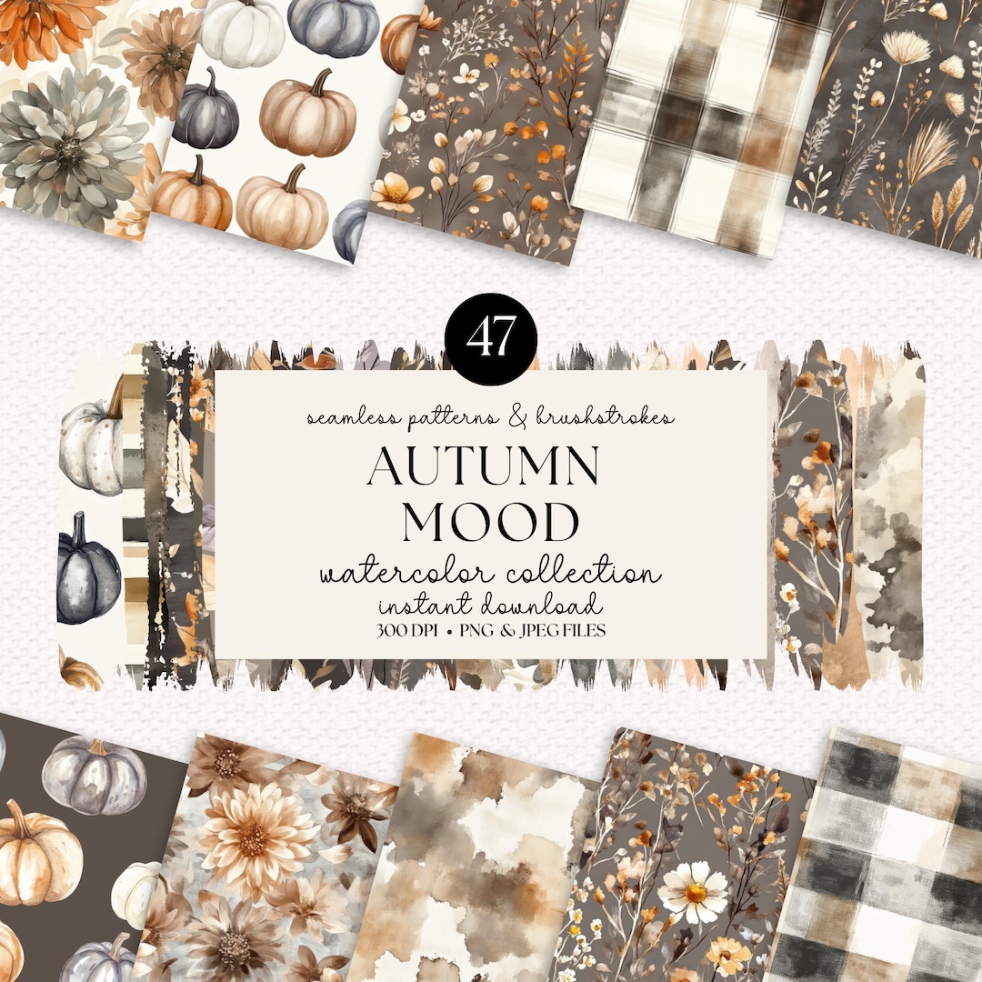 Neutral Autumn Watercolor Patterns: Seamless PNG & JPEG (digital ...