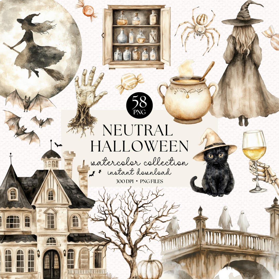 Watercolor Neutral Halloween Clipart Bundle - Spooky Illustrations ...