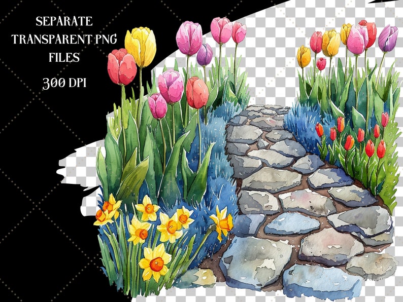 Watercolor Spring Paths Clipart: 32 PNG Garden Designs (digital ...