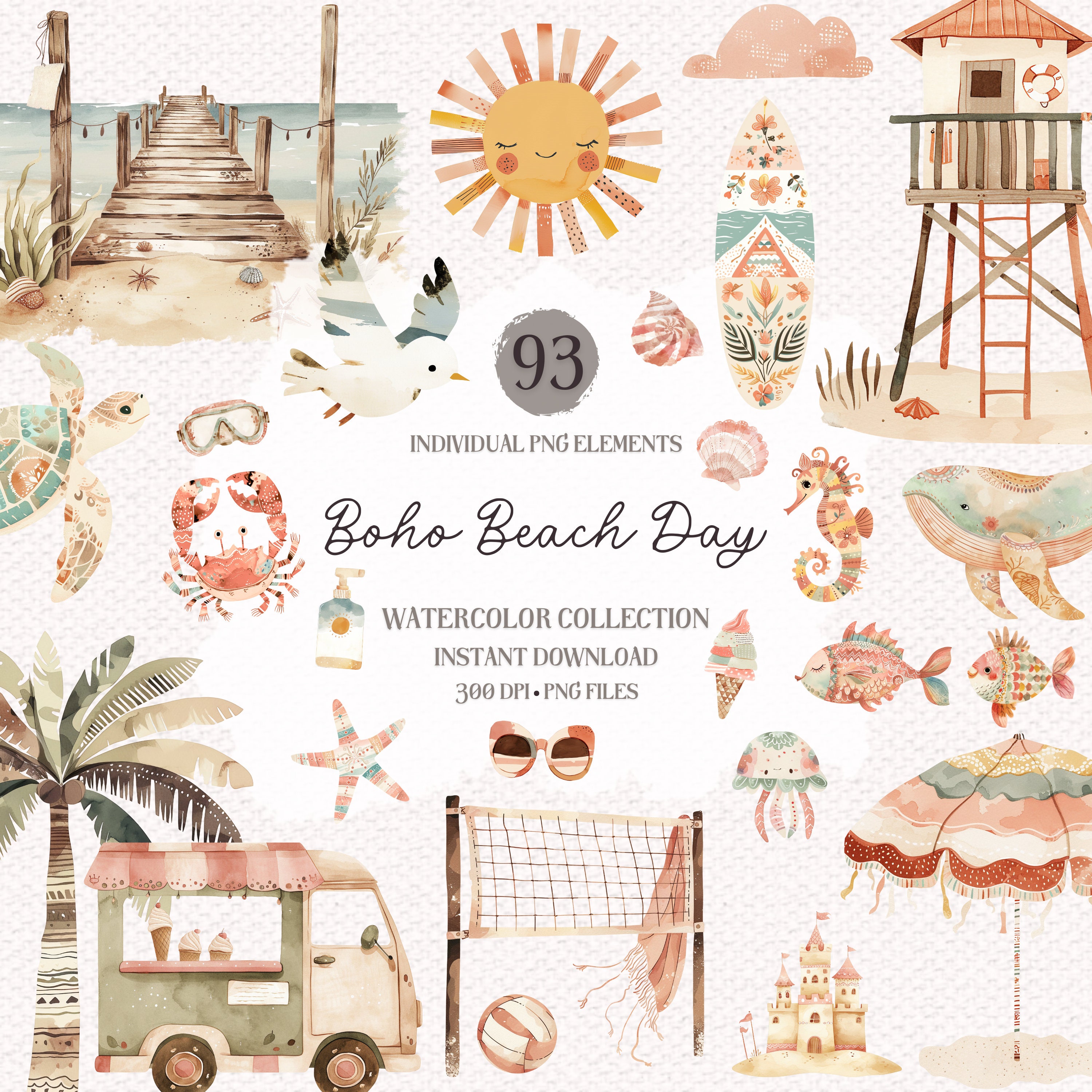 Watercolor Summer Clipart Bundle - High Quality Pngs, Beach Clip Art ...