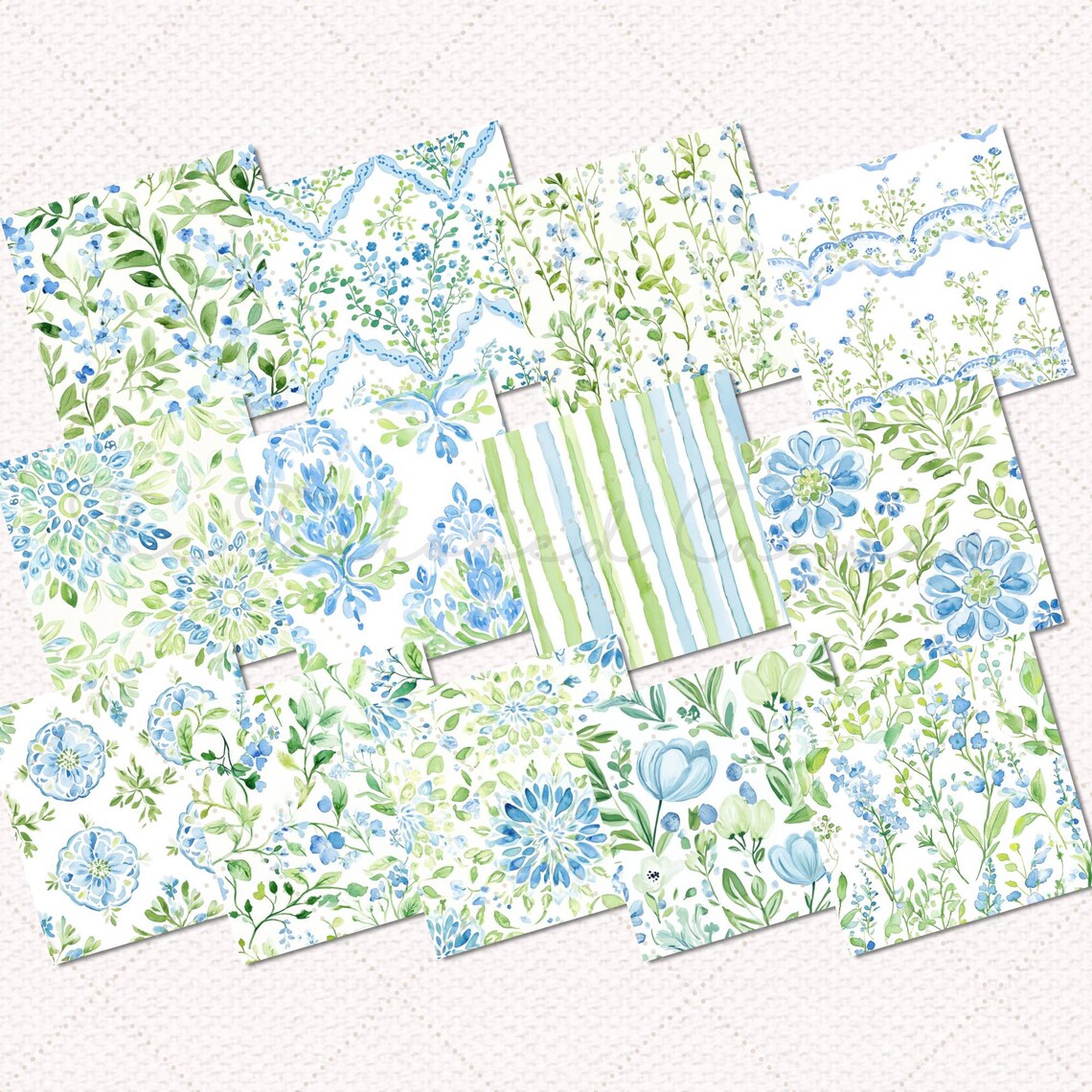 Watercolor Floral Digital Paper: Blue Green Seamless Patterns (digital ...