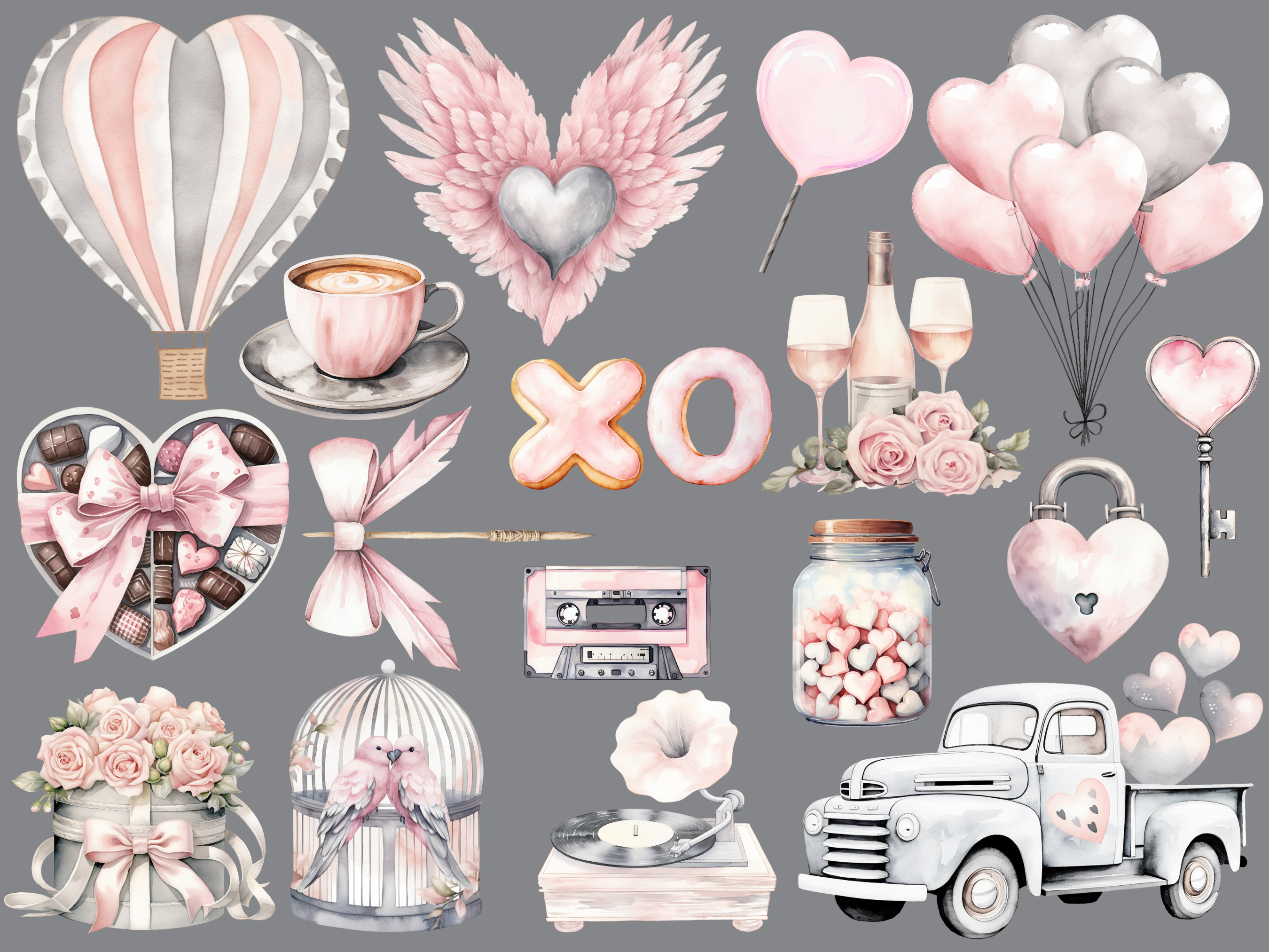 Pink & Gray Valentines Day Clipart Png Bundle 65 High Quality Pngs ...