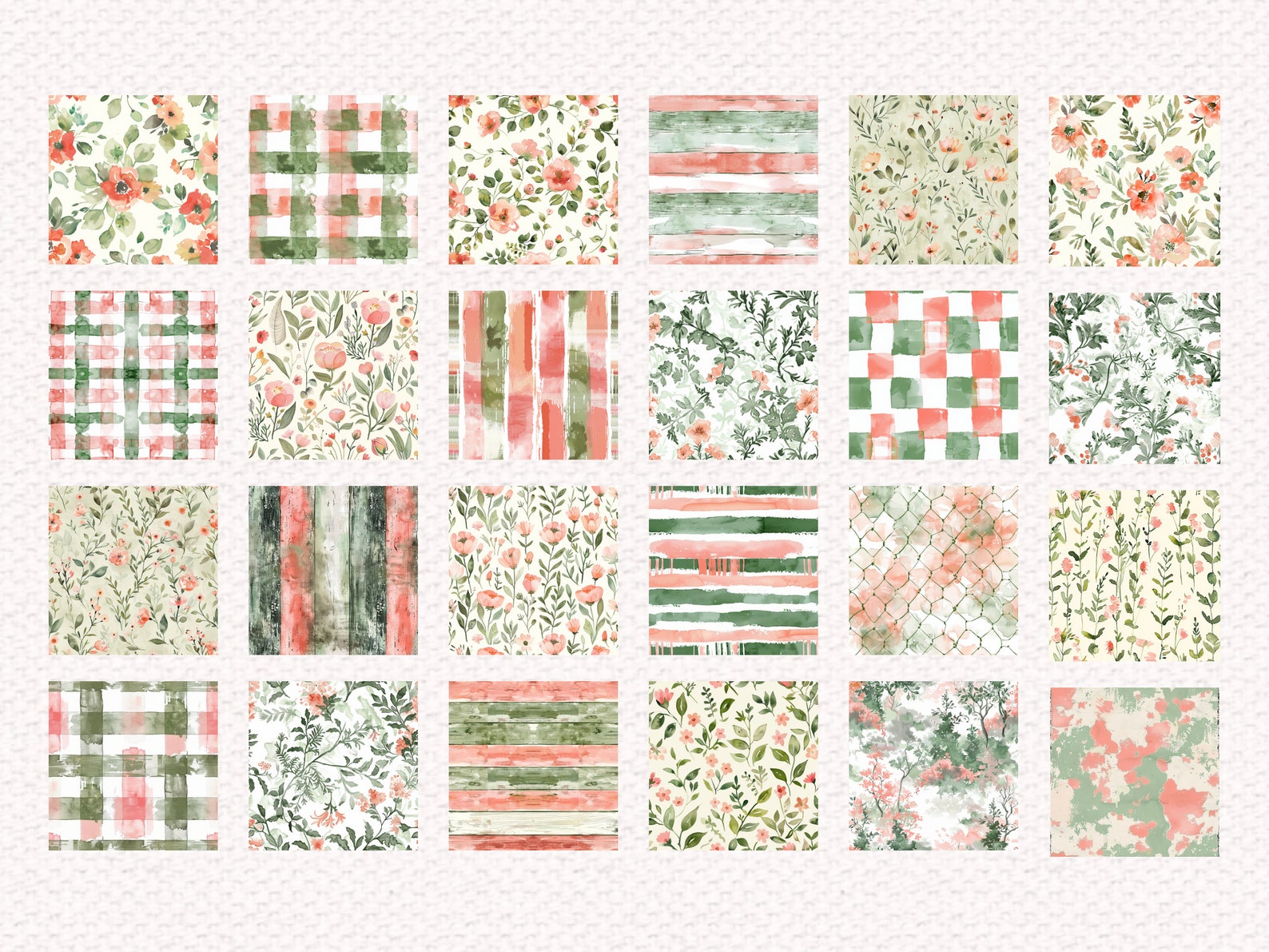 Watercolor Spring Farm Seamless Patterns and Brush Strokes, JPEG ...