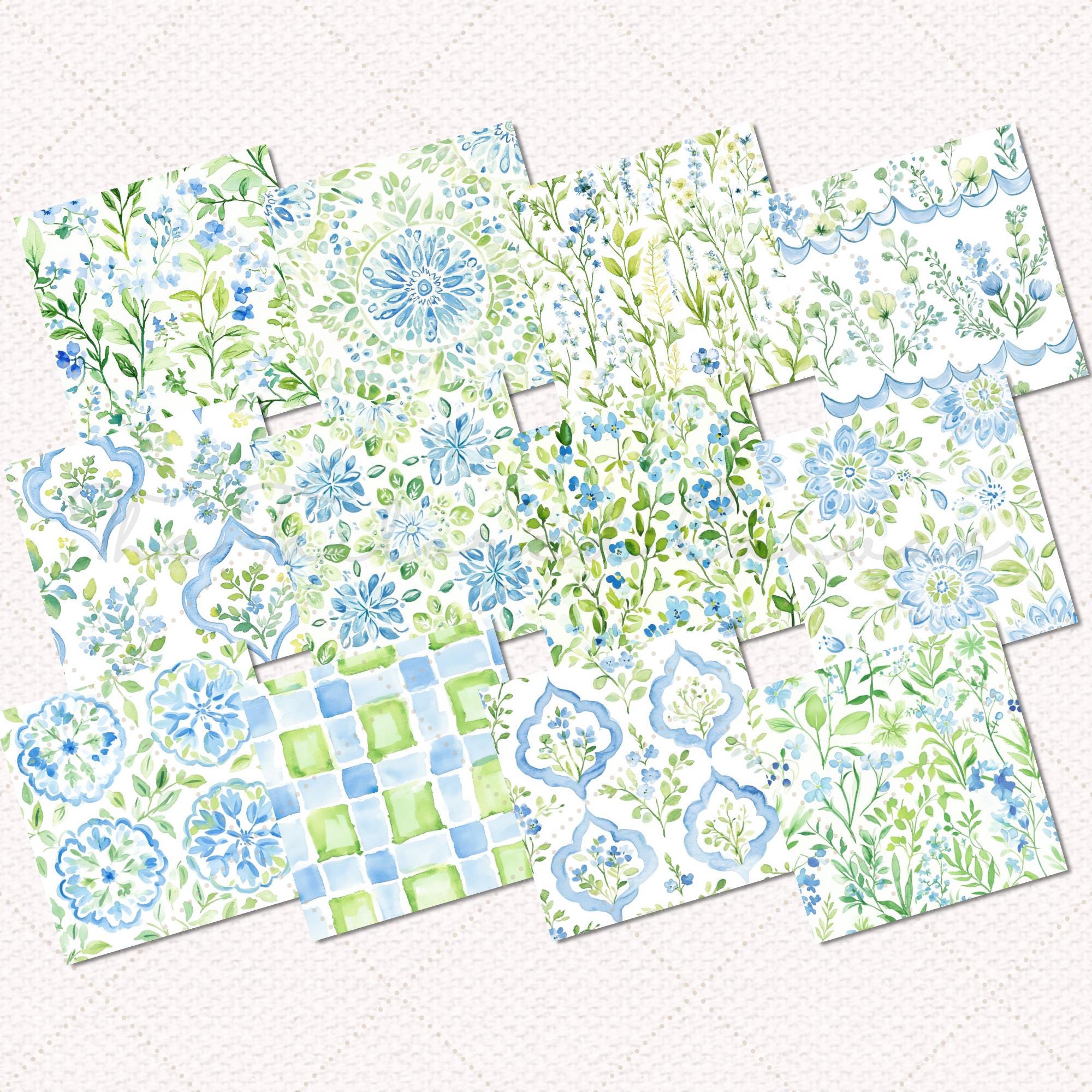 Watercolor Floral Digital Paper: Blue Green Seamless Patterns (digital ...