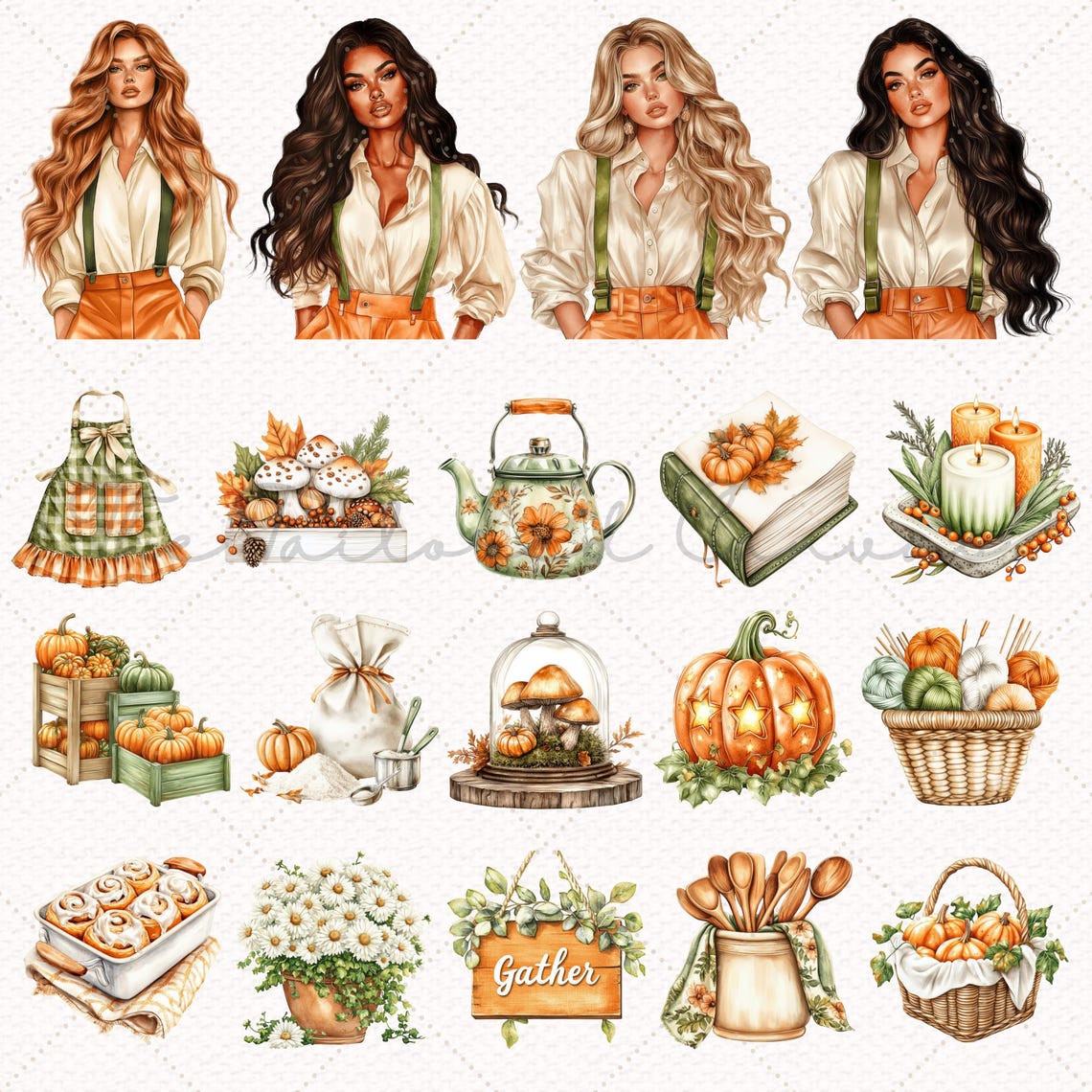 Autumn Watercolor Clipart Bundle: Pumpkin, Floral, Harvest PNG (instant ...