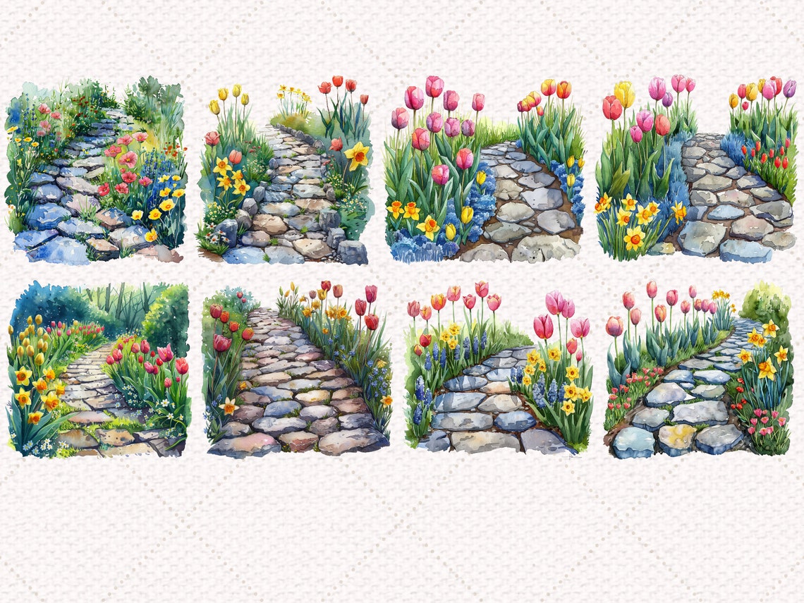 Watercolor Spring Paths Clipart: 32 PNG Garden Designs (digital ...
