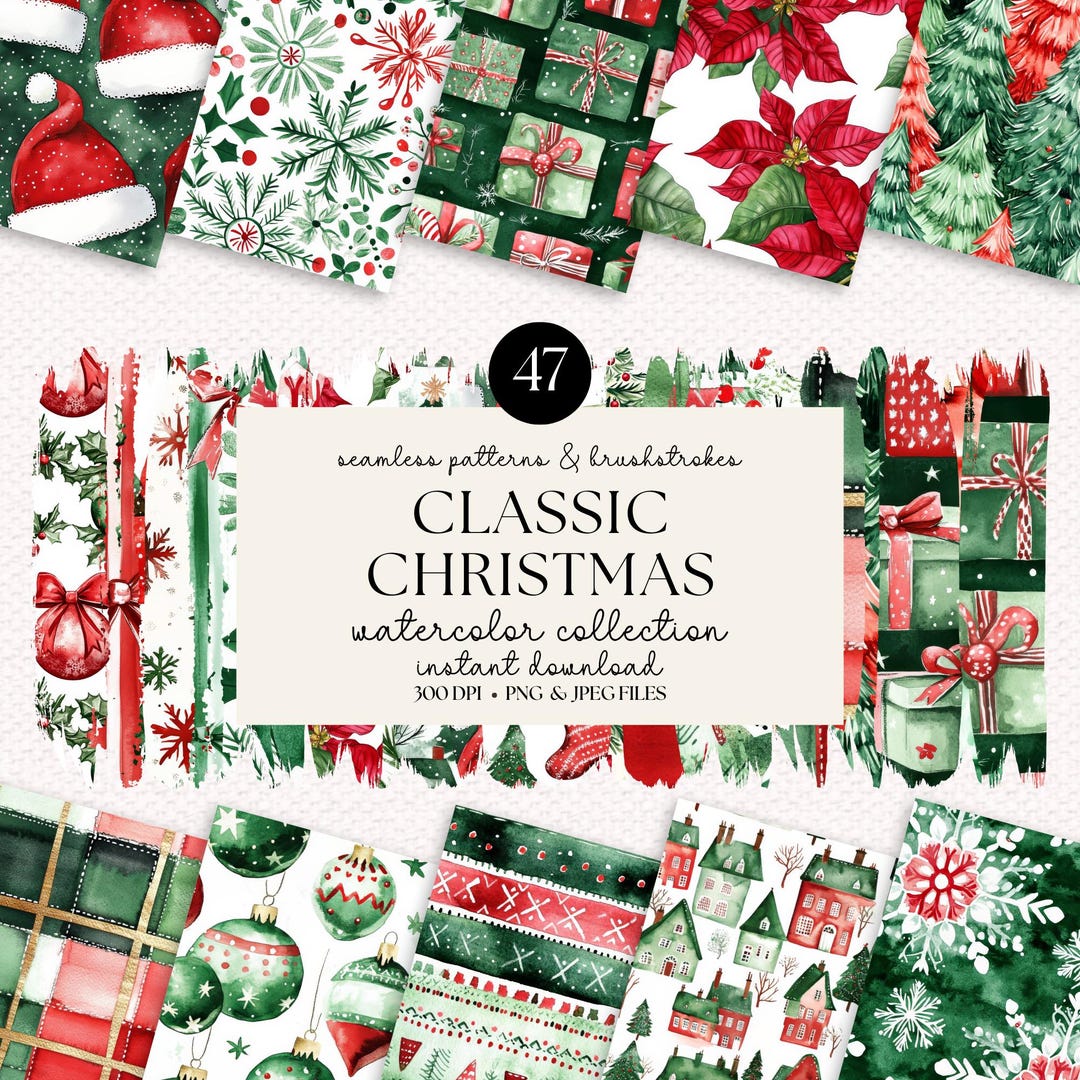 Classic Christmas Watercolor Seamless Patterns and Brushstrokes Bundle ...
