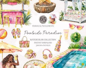 Watercolor Pool Party Clipart: Summer Vacation PNG Graphics (digital ...