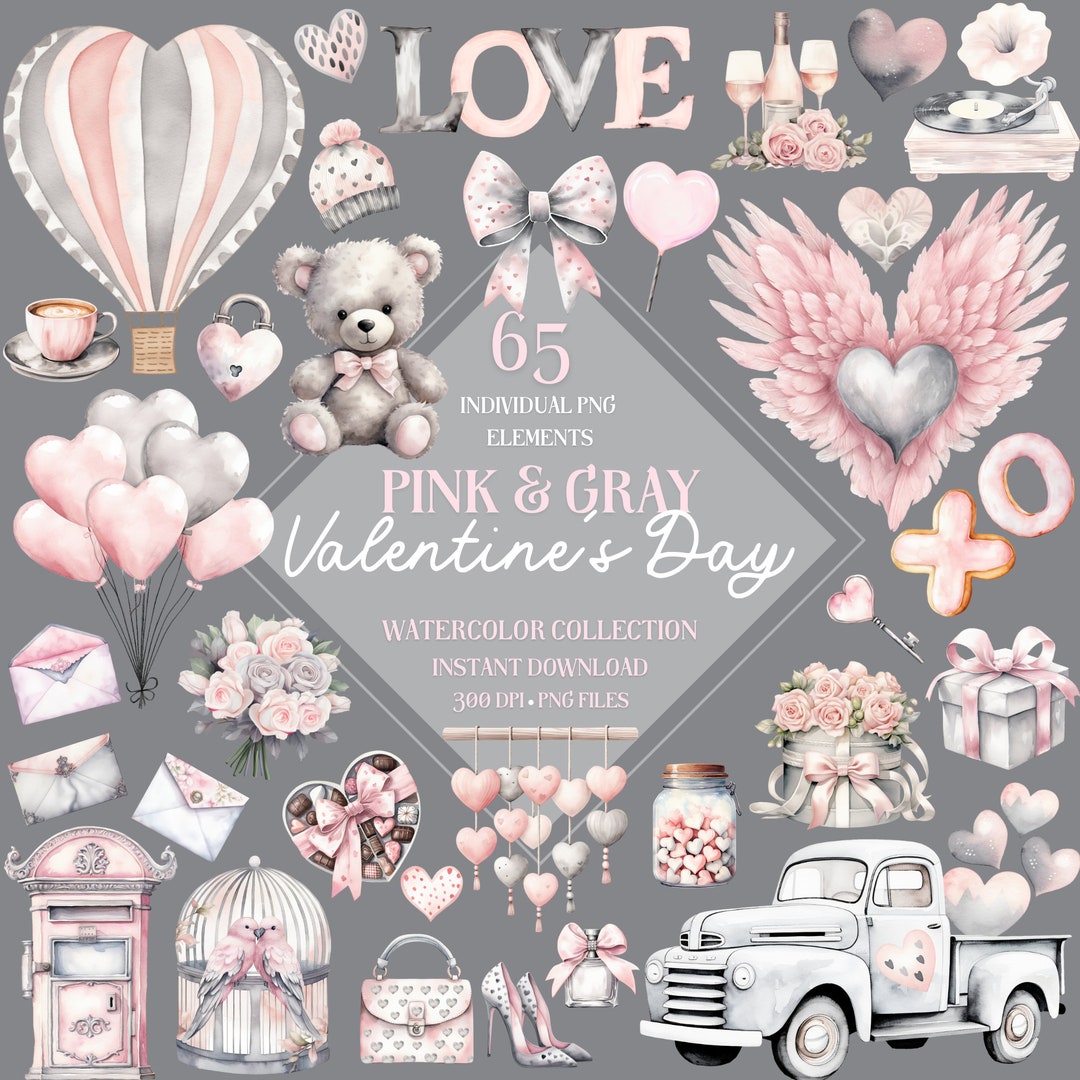 Pink & Gray Valentines Day Clipart Png Bundle - 65 High Quality Pngs ...