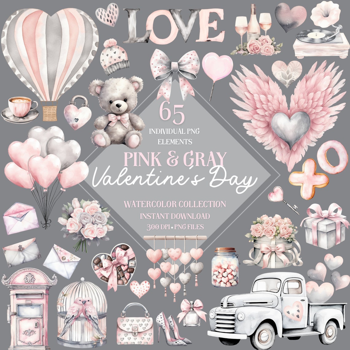 Pink & Gray Valentines Day Clipart Png Bundle 65 High Quality Pngs ...