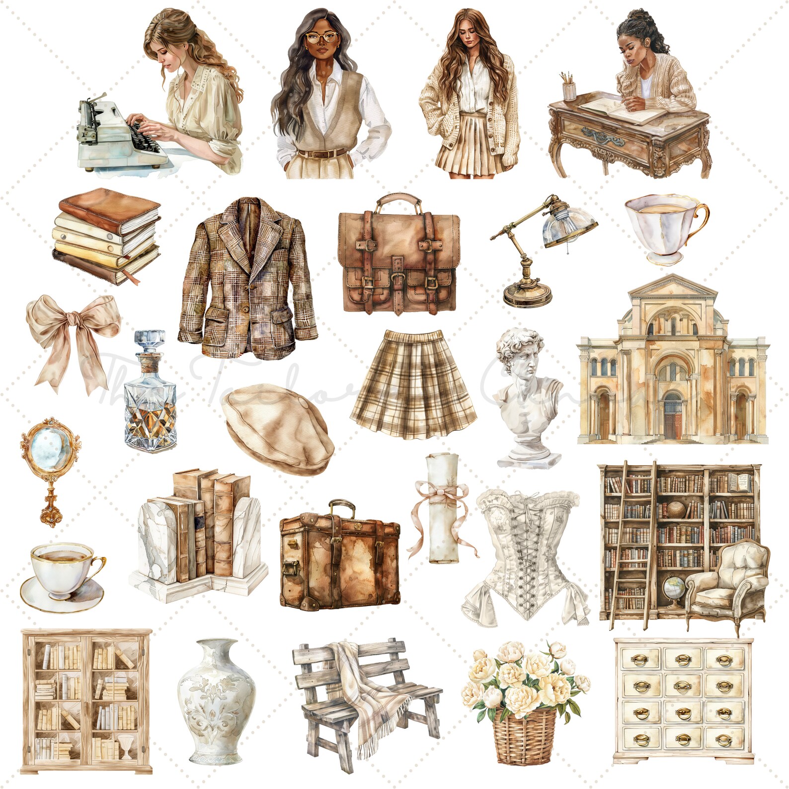 Watercolor Light Academia Clipart Bundle Bookworm Clipart, Light ...