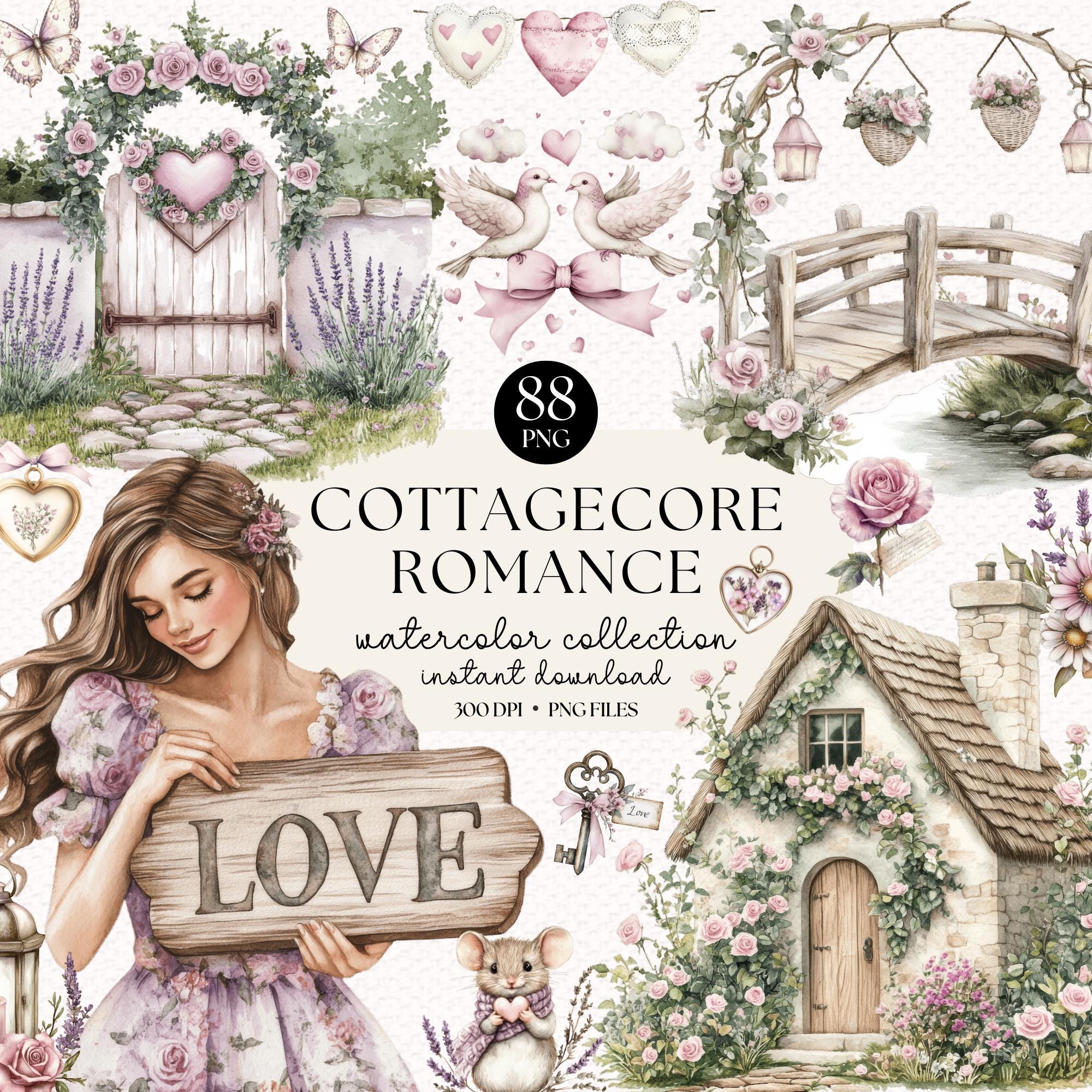 Cottagecore Romance Watercolor Clipart: Floral DIY Graphics (digital ...