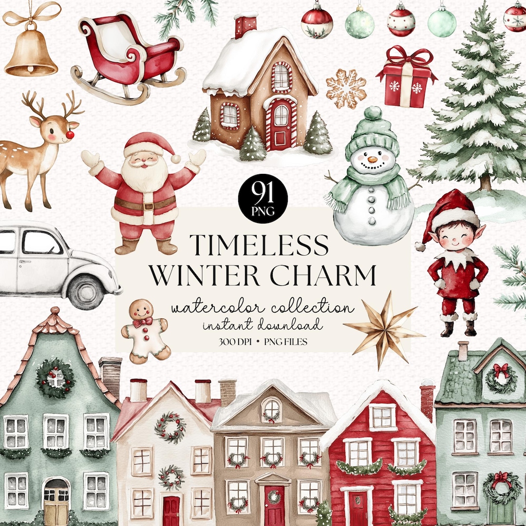 Watercolor Christmas Clipart: 91 Winter PNG Graphics (digital Download ...