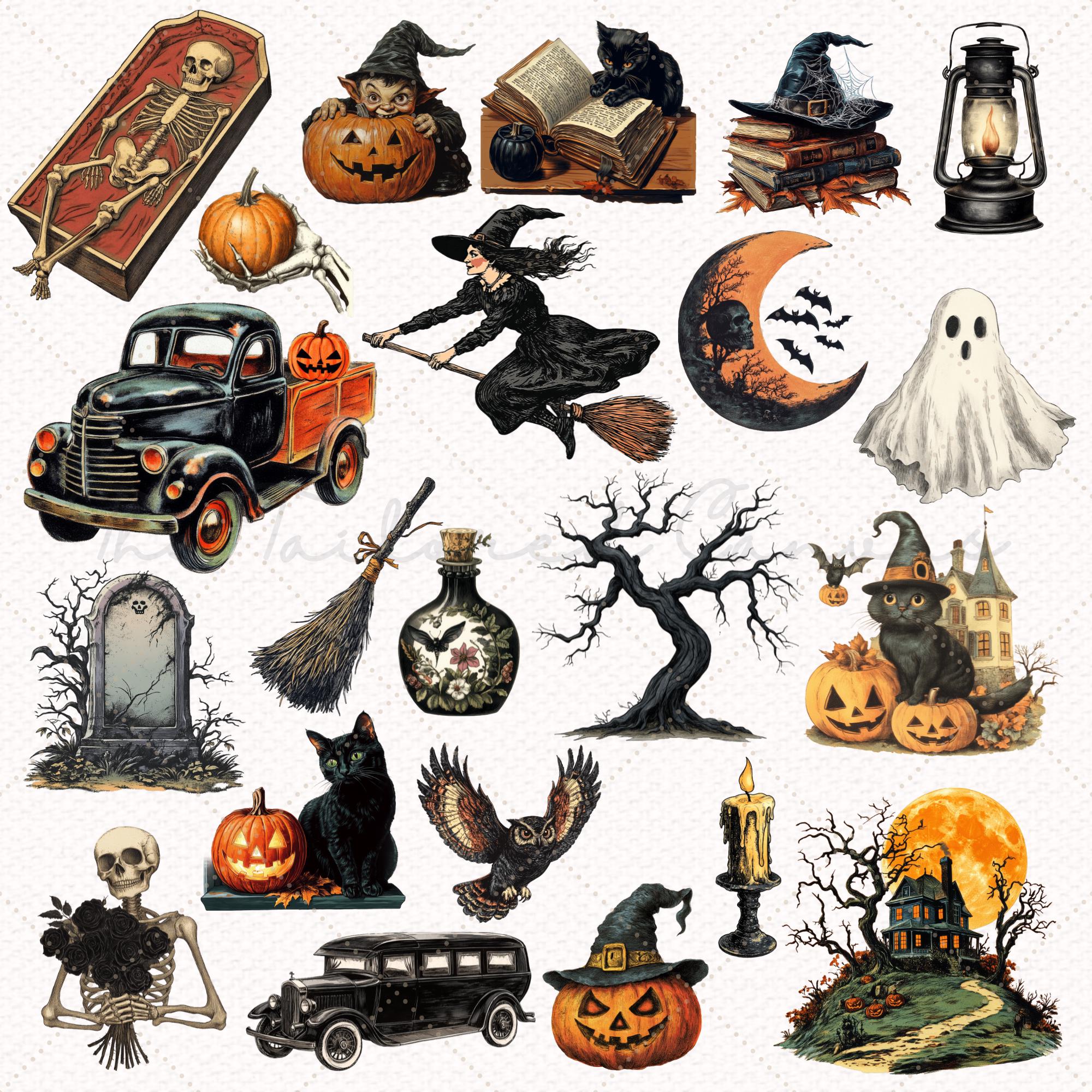 Vintage Halloween Clipart Bundle: 88 Spooky PNG Designs (digital ...