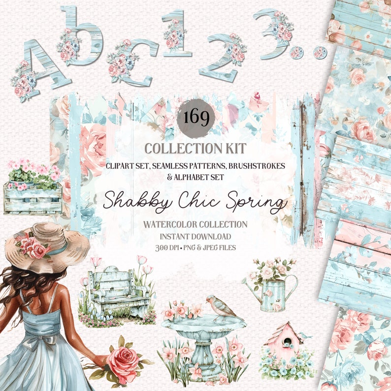 Shabby Chic Spring Clipart Bundle: Watercolor Graphics, Patterns ...