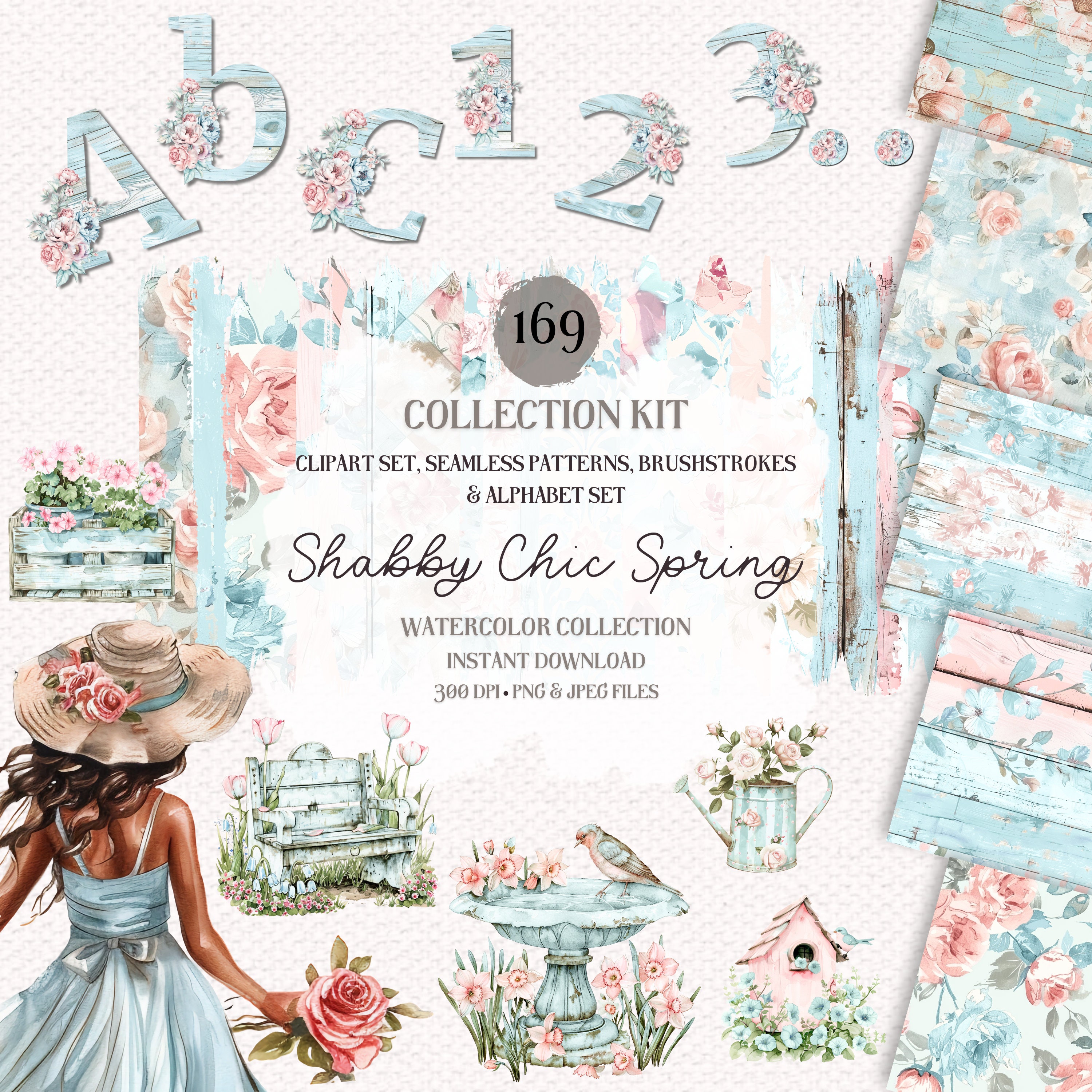 Shabby Chic Spring Clipart Bundle: Watercolor Graphics, Patterns ...