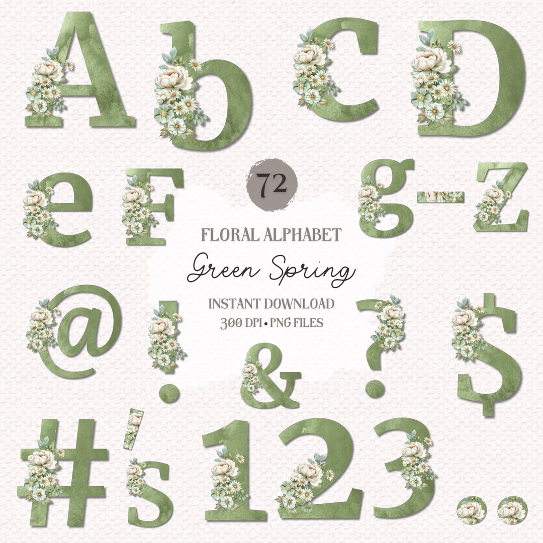 Green Spring Floral Alphabet PNG Set: Watercolor Monogram (digital ...