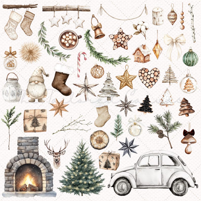 Watercolor Christmas Clipart Bundle: 141 Neutral Boho Elements (digital ...