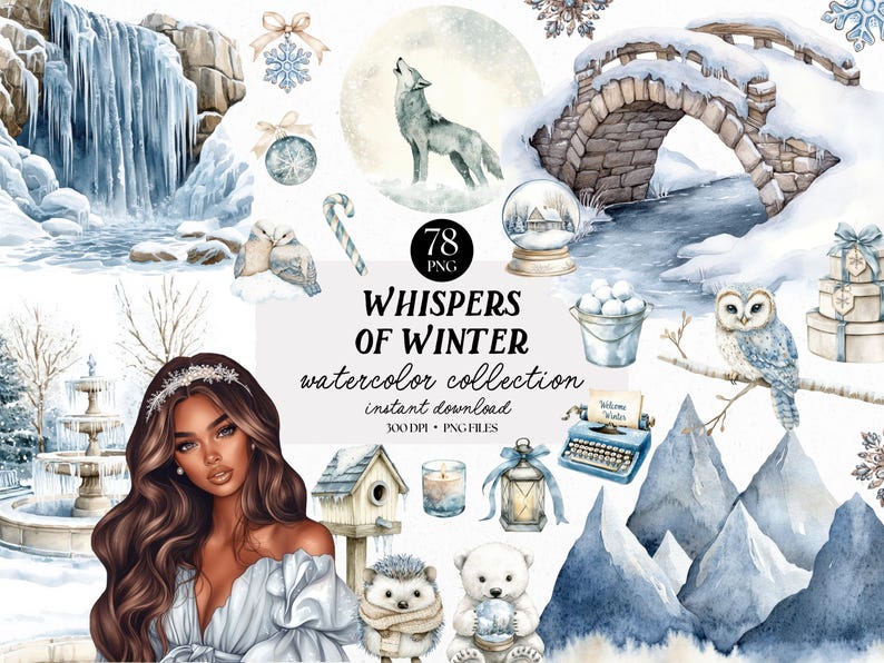 Watercolor Winter Clipart Set | Snowy Animals, Landscape Pngs (digital ...
