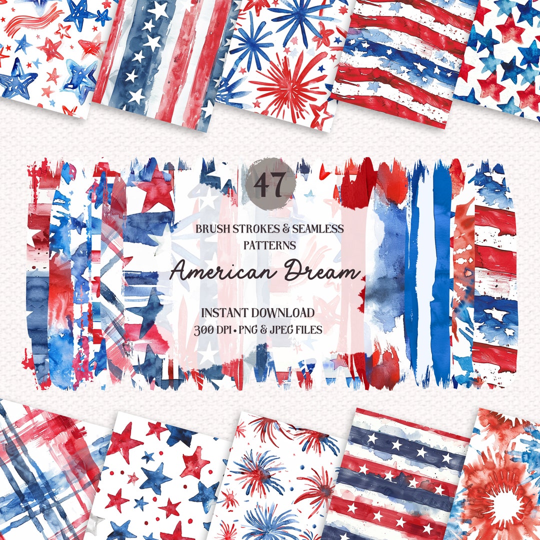Watercolor 4th of July Seamless Patterns and Brush Strokes Bundle - 47 ...