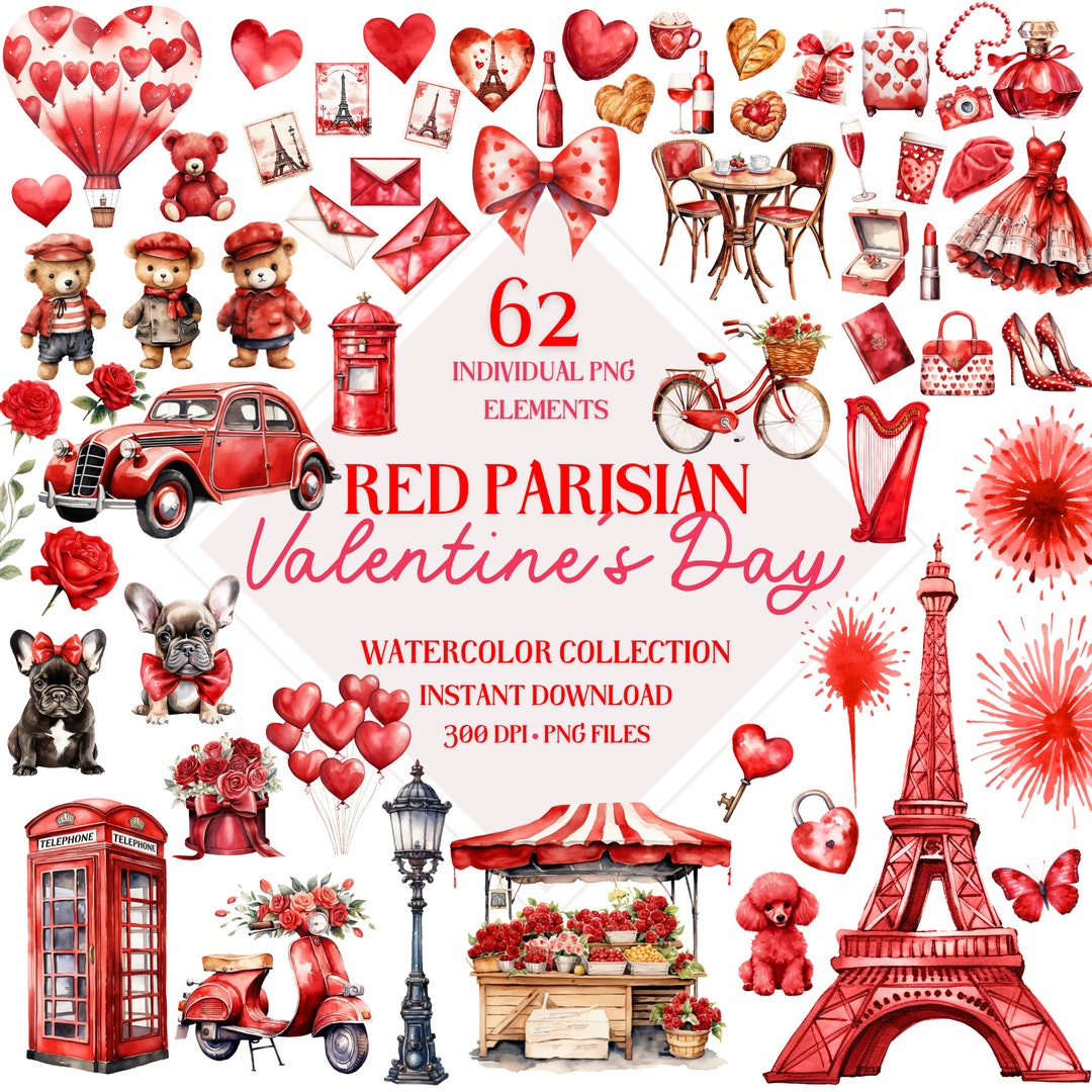 Red Paris Valentine's Day Clipart: Watercolor PNG Bundle (62 Elements ...