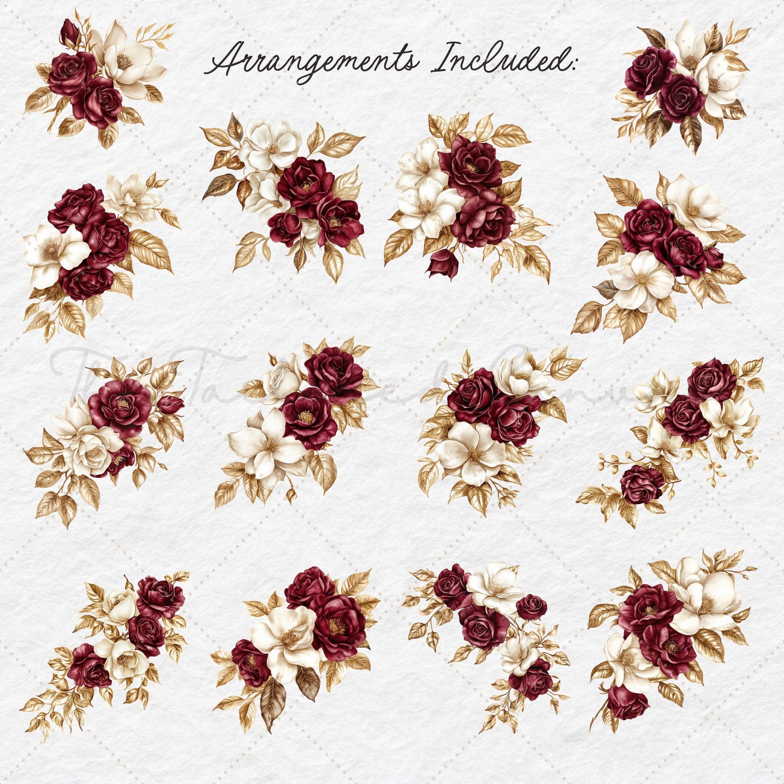 Burgundy Gold Christmas Clipart: Watercolor Floral Graphics (digital ...