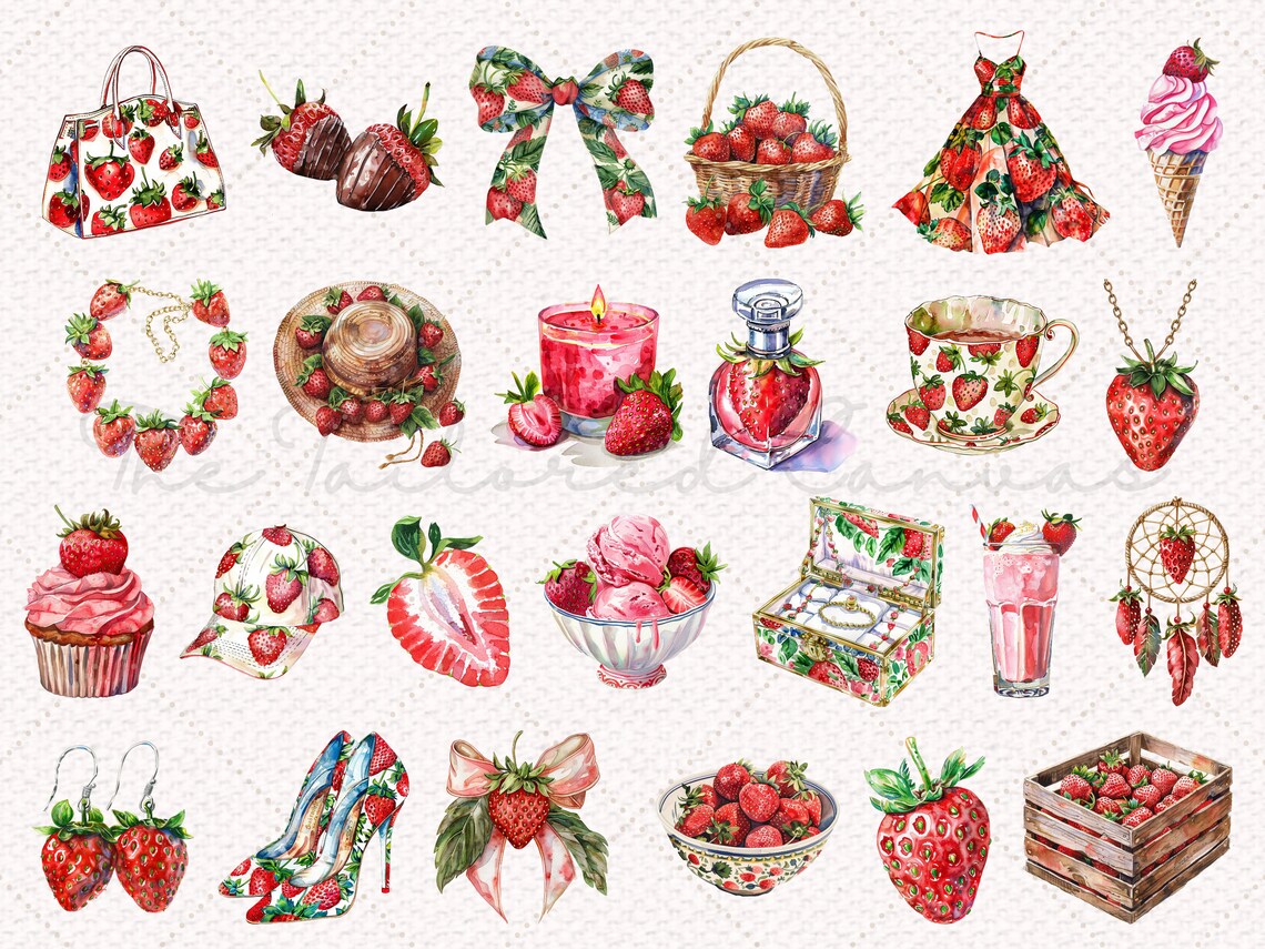 Watercolor Strawberry Clipart Bundle: 63 Summer PNG Designs (commercial ...