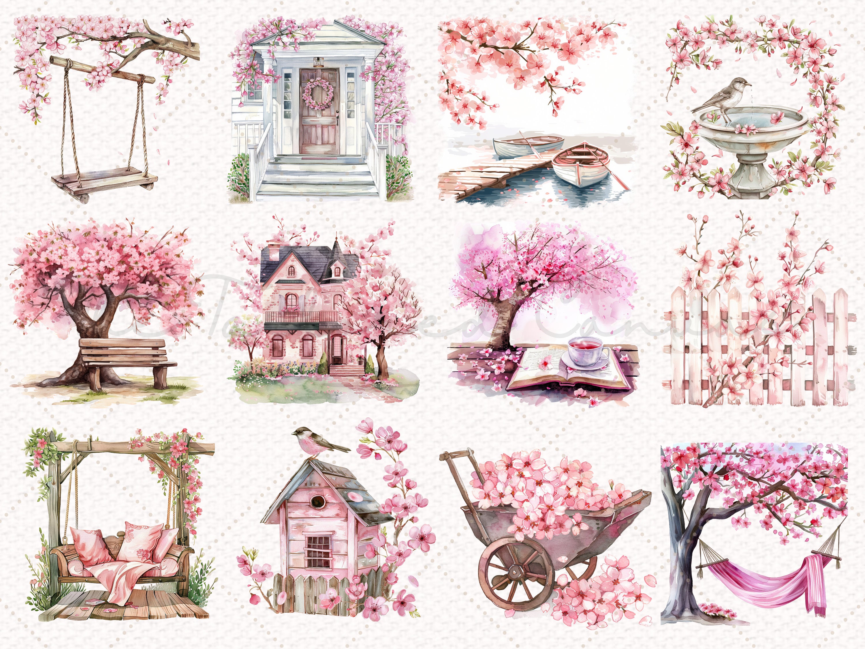 Cherry Blossom Clipart Set Pink Spring Floral Graphics, Sakura Blossoms ...
