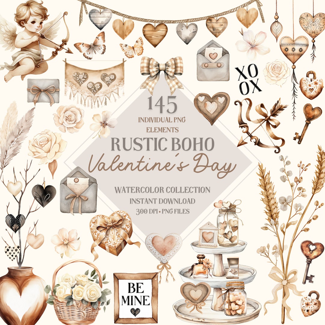 Rustic Boho Valentine's Day Clipart Png Bundle - 145 High Quality Pngs ...