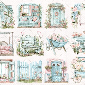 Shabby Chic Spring Clipart Bundle: Watercolor Graphics, Patterns ...