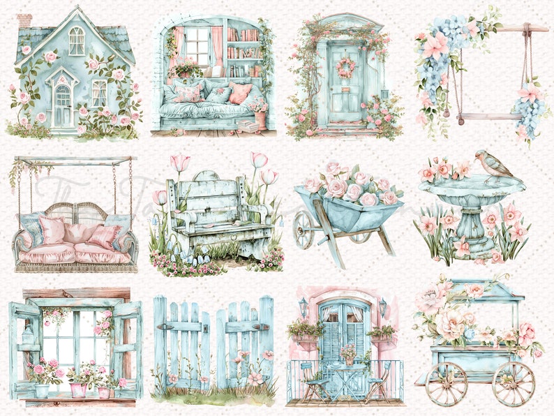Shabby Chic Spring Clipart Bundle: Watercolor Graphics, Patterns ...