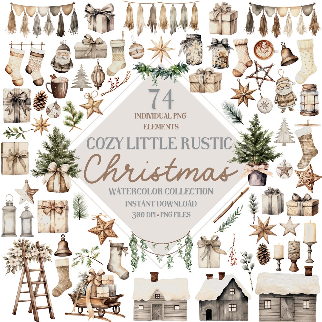 Cozy Rustic Christmas Clipart Bundle, Boho Christmas Watercolor PNG ...