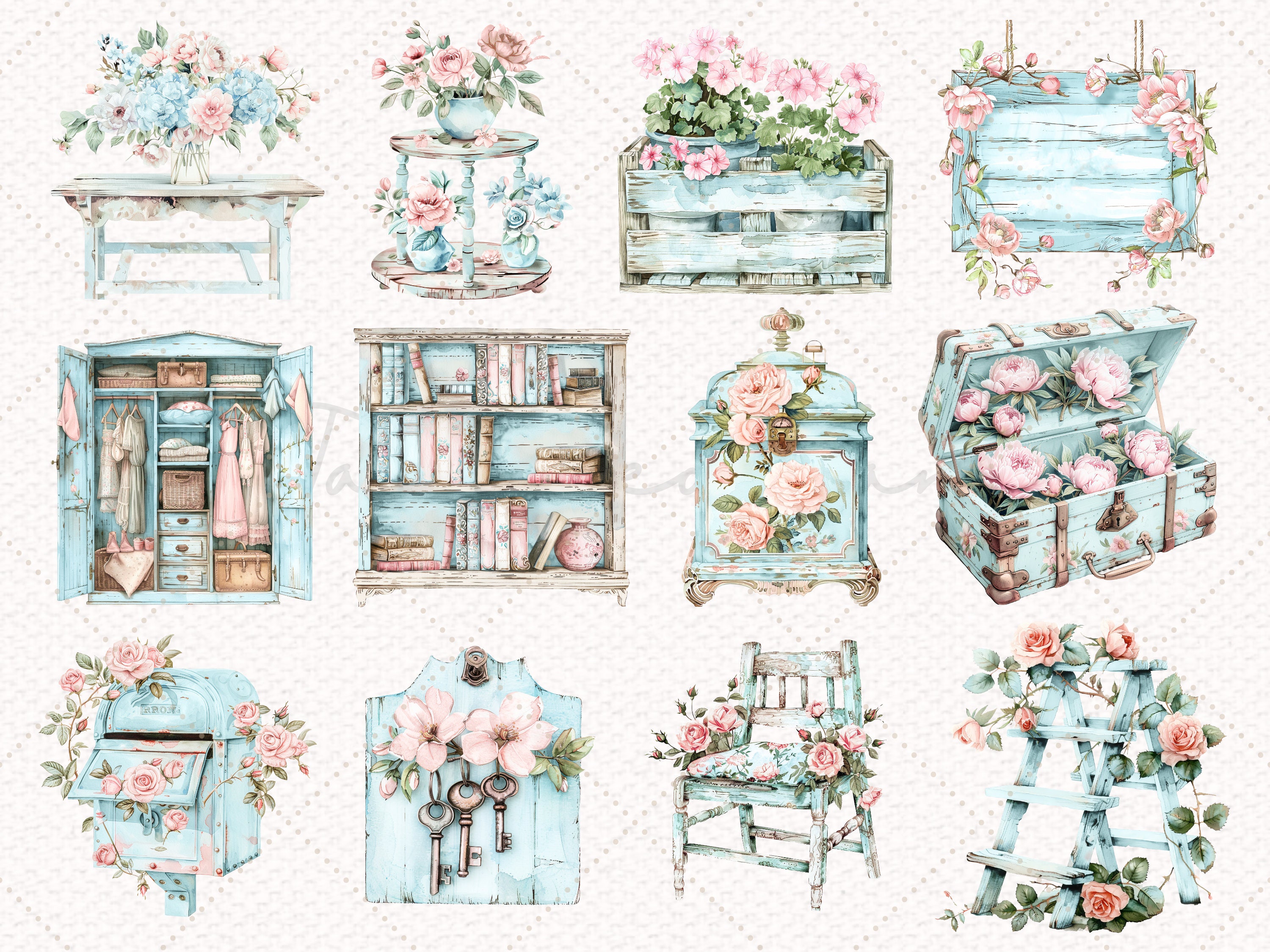 Shabby Chic Spring Clipart: 50 Watercolor PNG Designs (digital Download ...