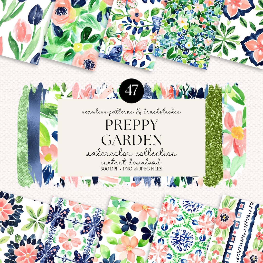 Preppy Garden Watercolor Digital Paper Bundle, Floral Seamless Patterns ...