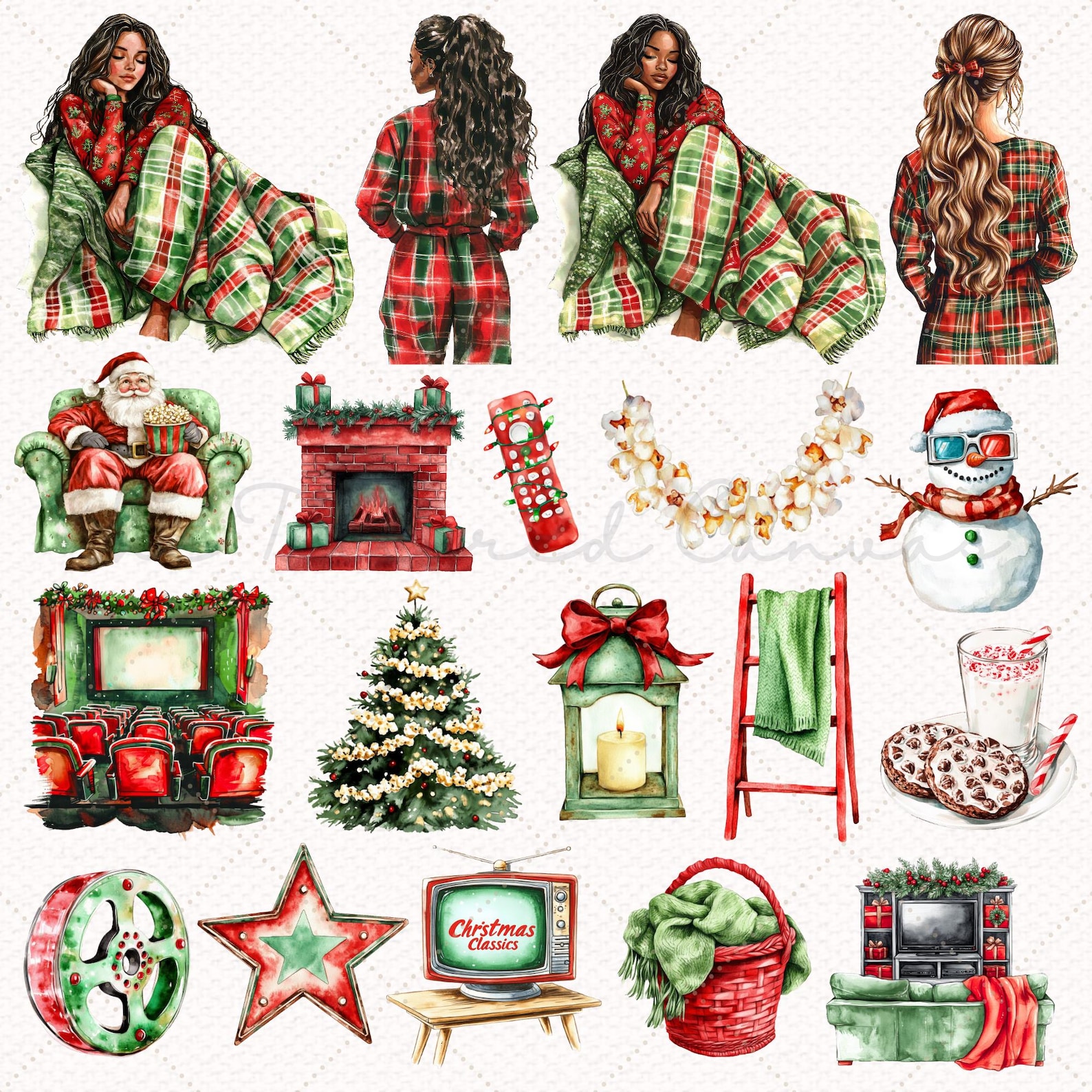 Watercolor Christmas Movie Night Clipart Bundle - Holiday Art, Cozy ...