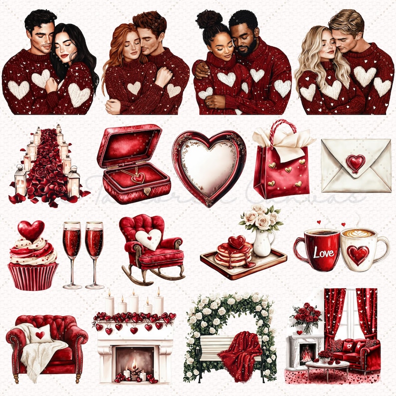Watercolor Valentine's Day Clipart Bundle Romantic Clip Art PNG Digital ...
