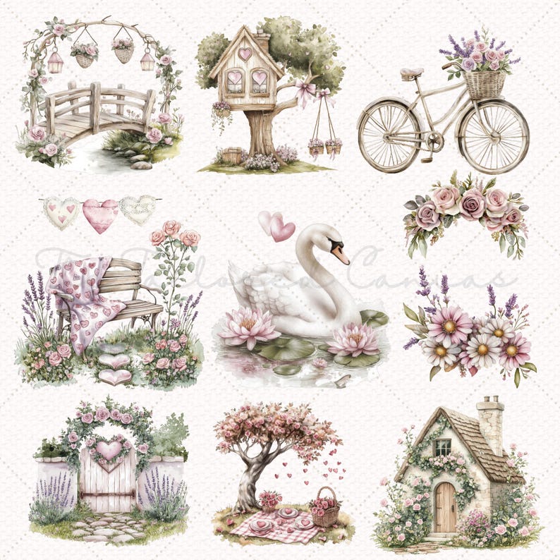 Cottagecore Romance Watercolor Clipart: Floral DIY Graphics (digital ...