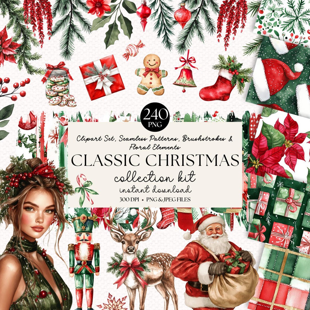 Watercolor Christmas Clipart: Floral Elements, Seamless Patterns (PNG ...