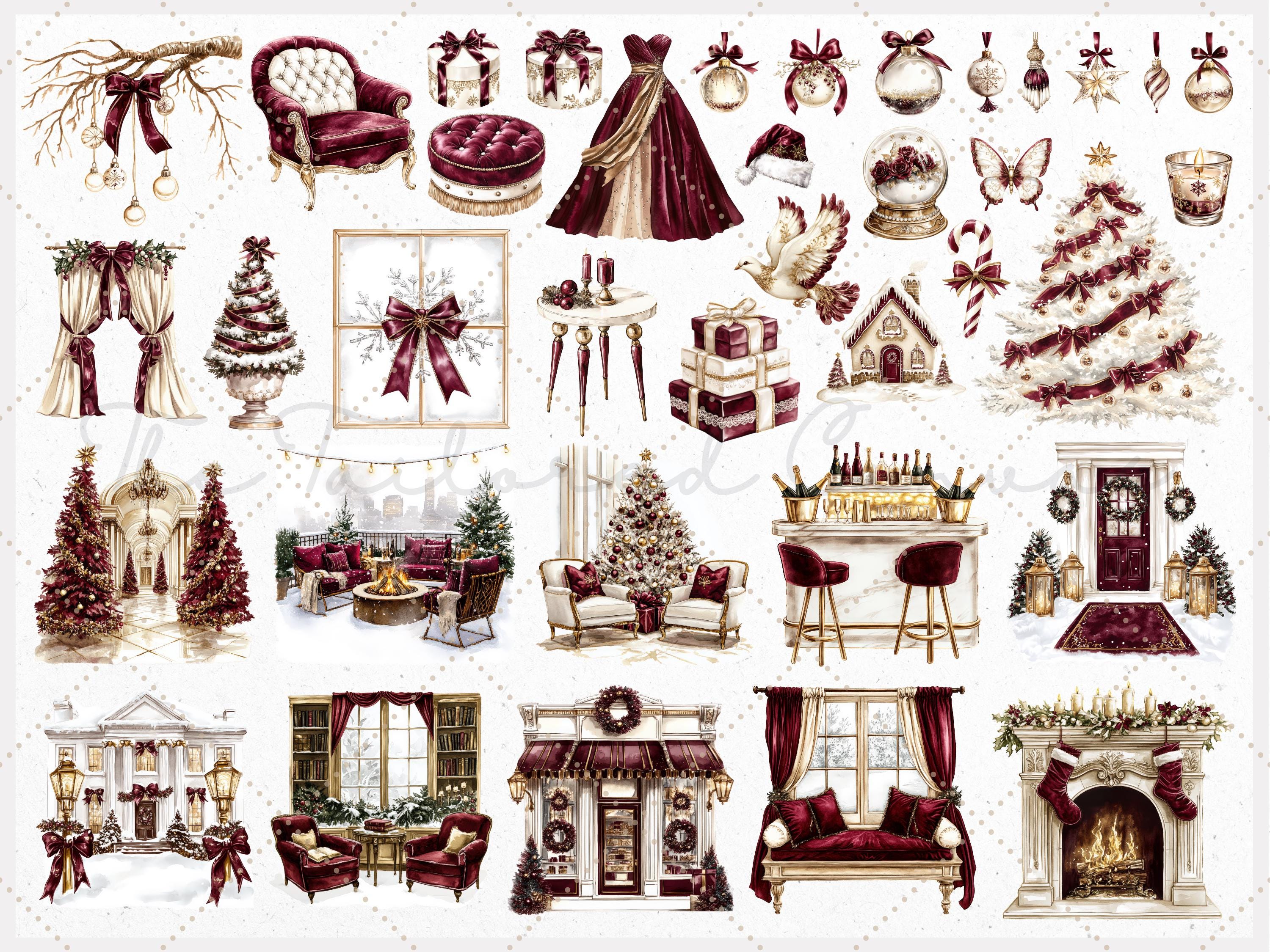 Burgundy Gold Christmas Clipart: Watercolor Floral Graphics (digital ...