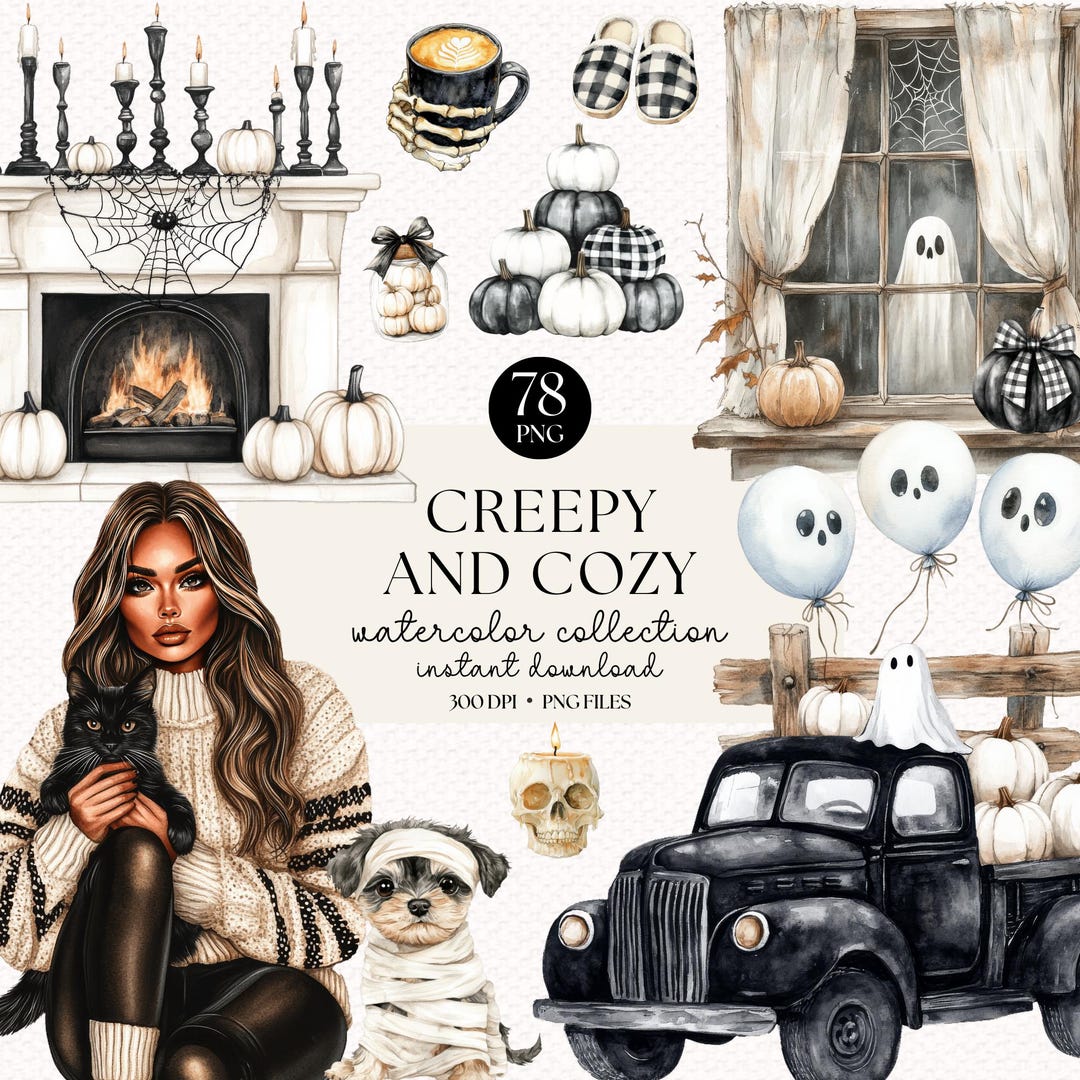 Watercolor Halloween Clipart Bundle: 78 Spooky Cozy Illustrations ...