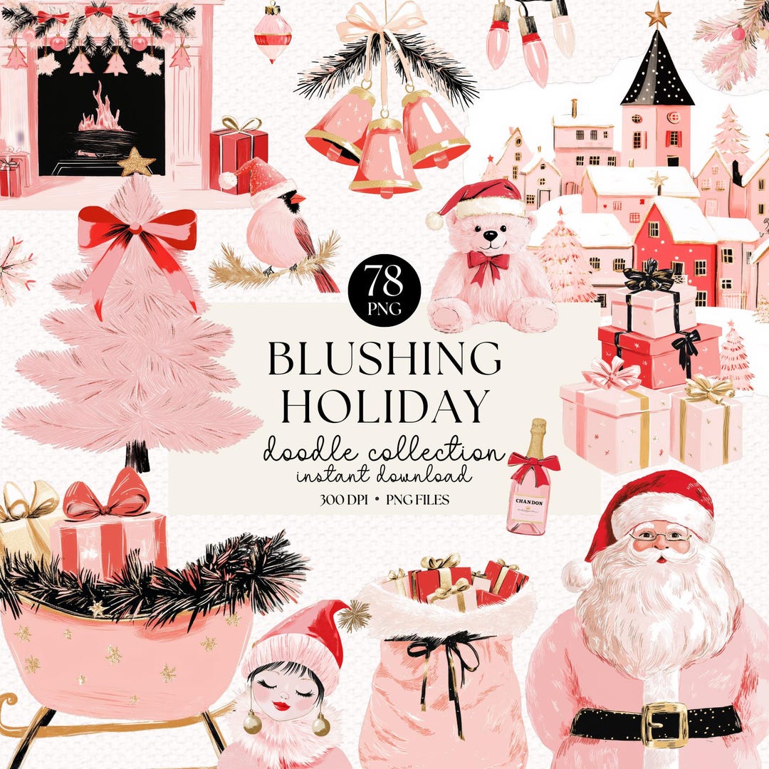 Pink Christmas Clipart Set: 78 Vintage Holiday PNG Doodles (digital ...