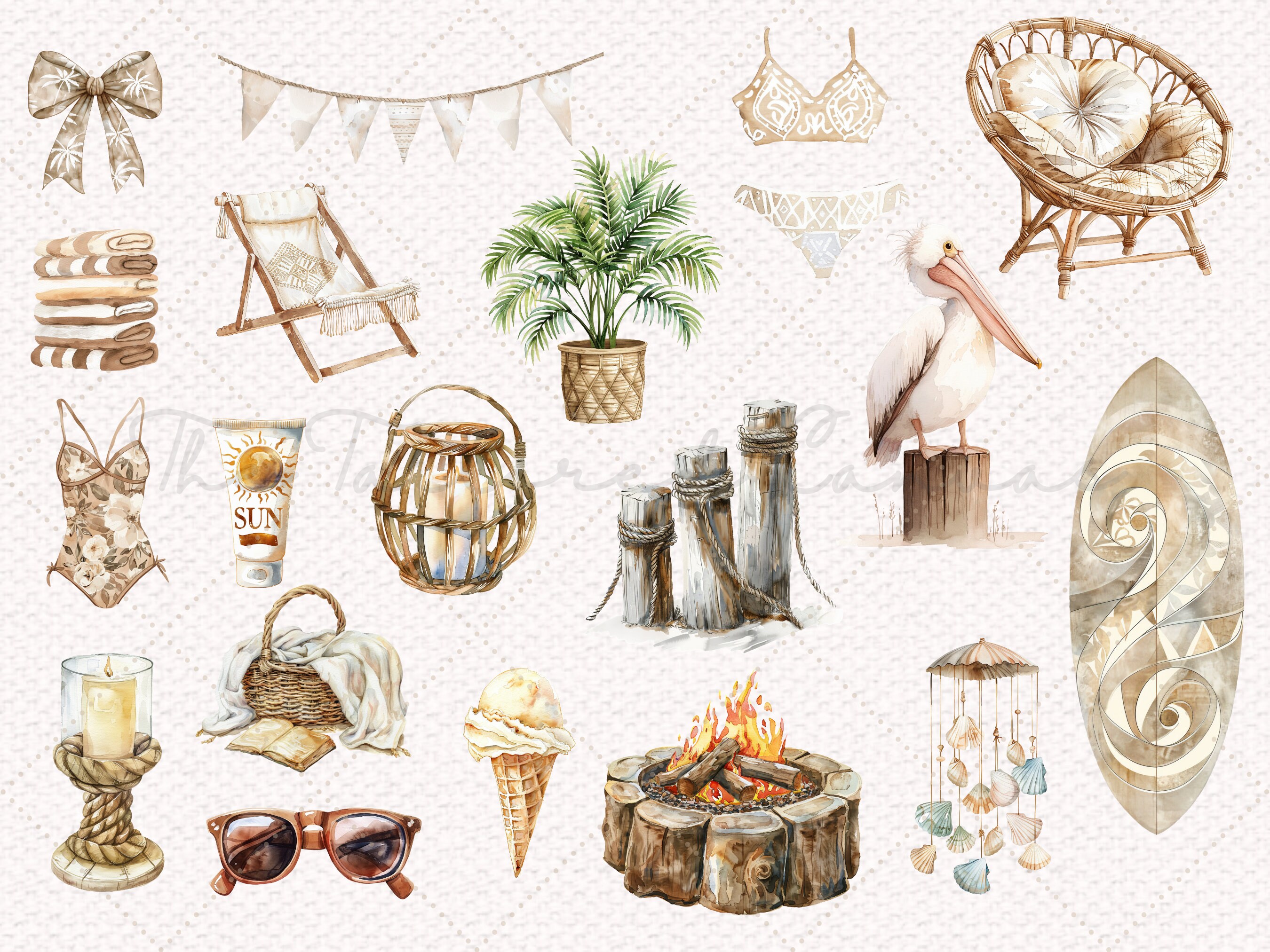 Watercolor Neutral Summer Clipart Bundle - High Quality Pngs, Beach ...