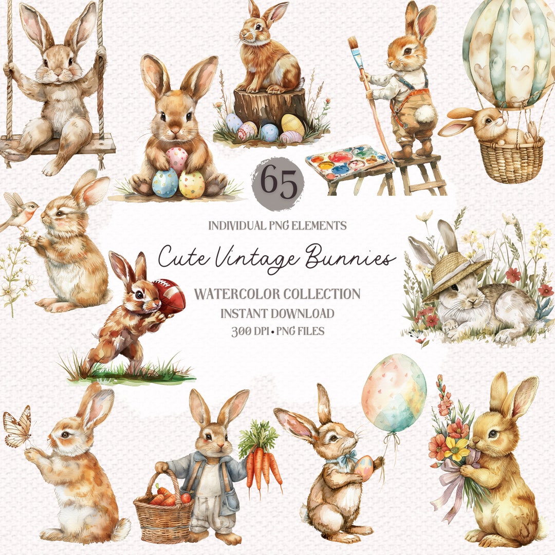 Watercolor Bunny Clipart: Vintage Easter Rabbits PNG (digital Download ...