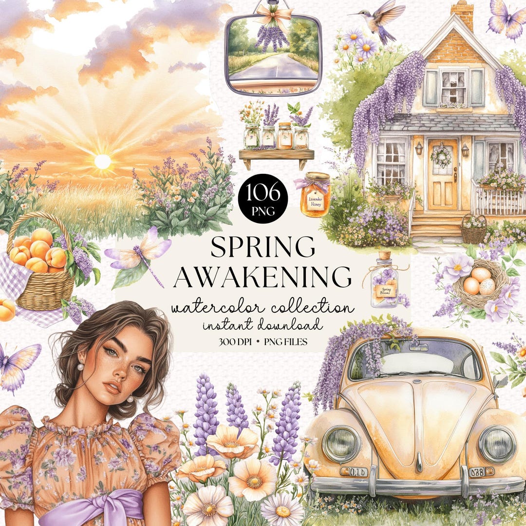 Spring Watercolor Clipart Bundle: Lavender & Cottagecore PNG (digital ...
