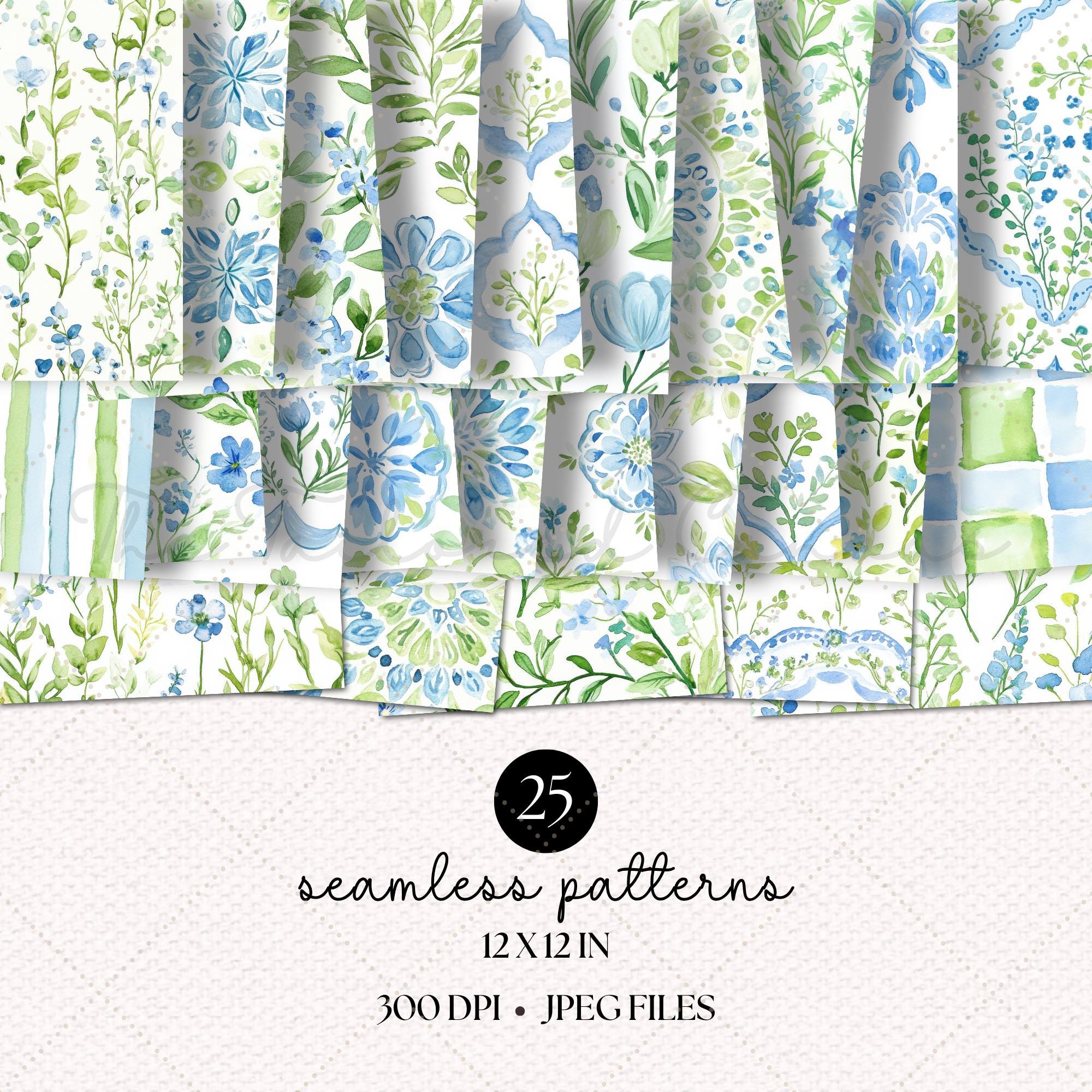 Watercolor Floral Digital Paper: Blue Green Seamless Patterns (digital ...