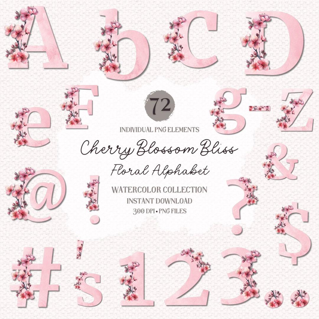 Cherry Blossom Alphabet PNG Set: Watercolor Sakura Font (digital ...