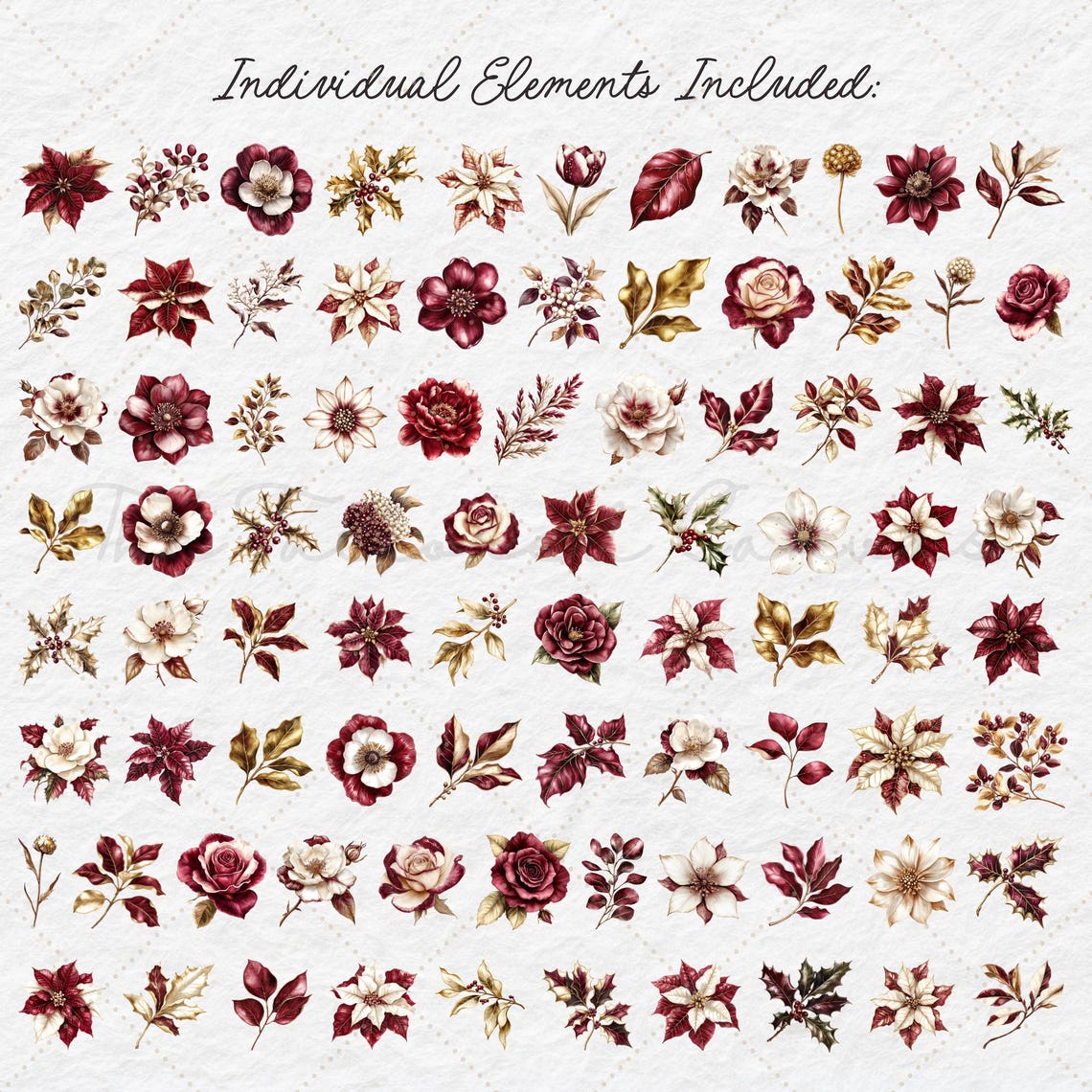 Burgundy Gold Christmas Clipart: Watercolor Floral Graphics (digital ...