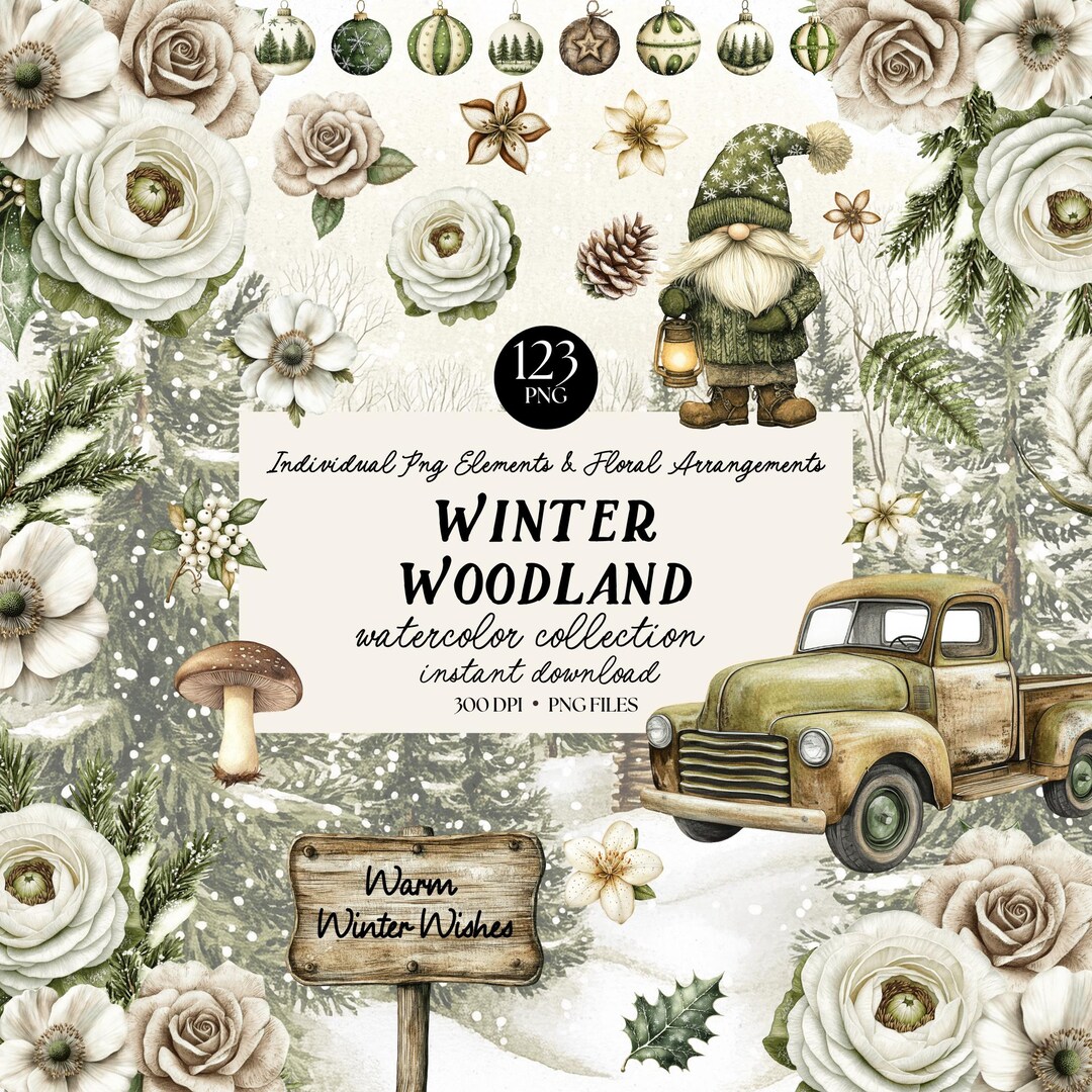 Winter Woodland Clipart Set | Watercolor Green Truck, Gnome, Florals ...